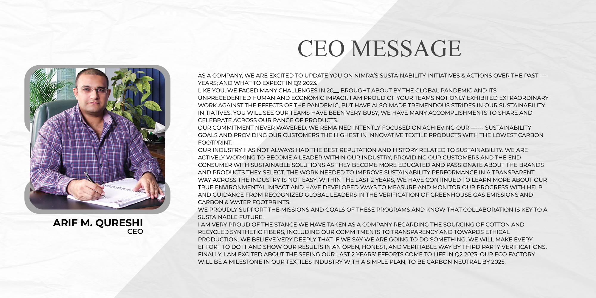 CEO Message – Nimra Textile (Pvt) Ltd.
